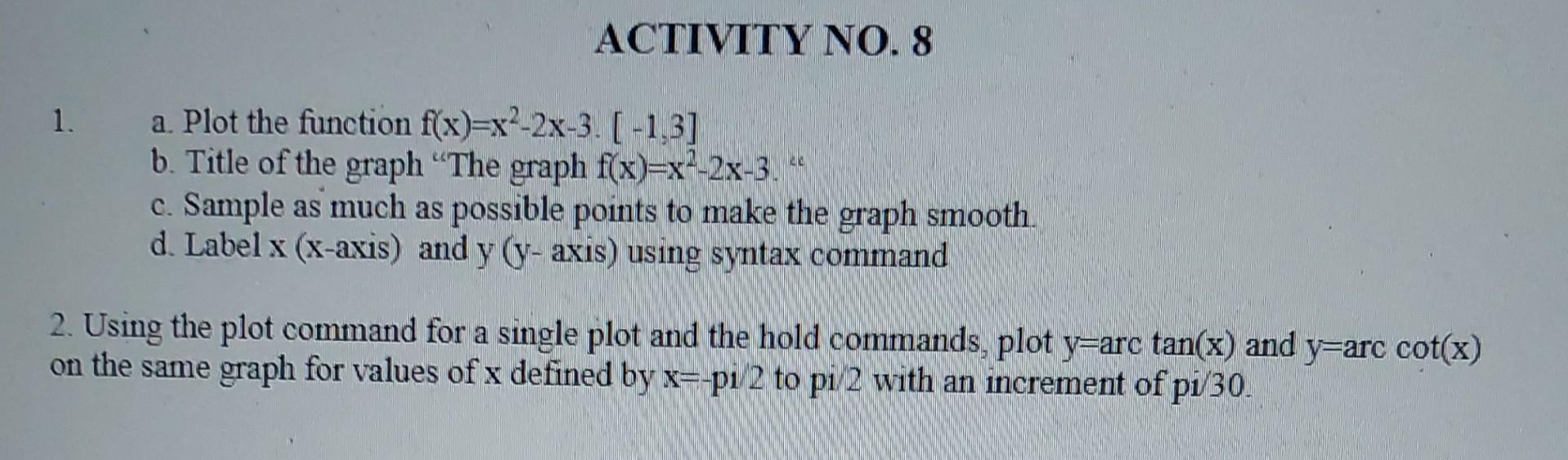 Solved 1. a. Plot the function f(x)=x2−2x−3.[−1,3] b. Title | Chegg.com