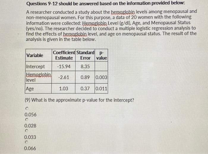 Solved Questions 9-12 should be answered based on the | Chegg.com