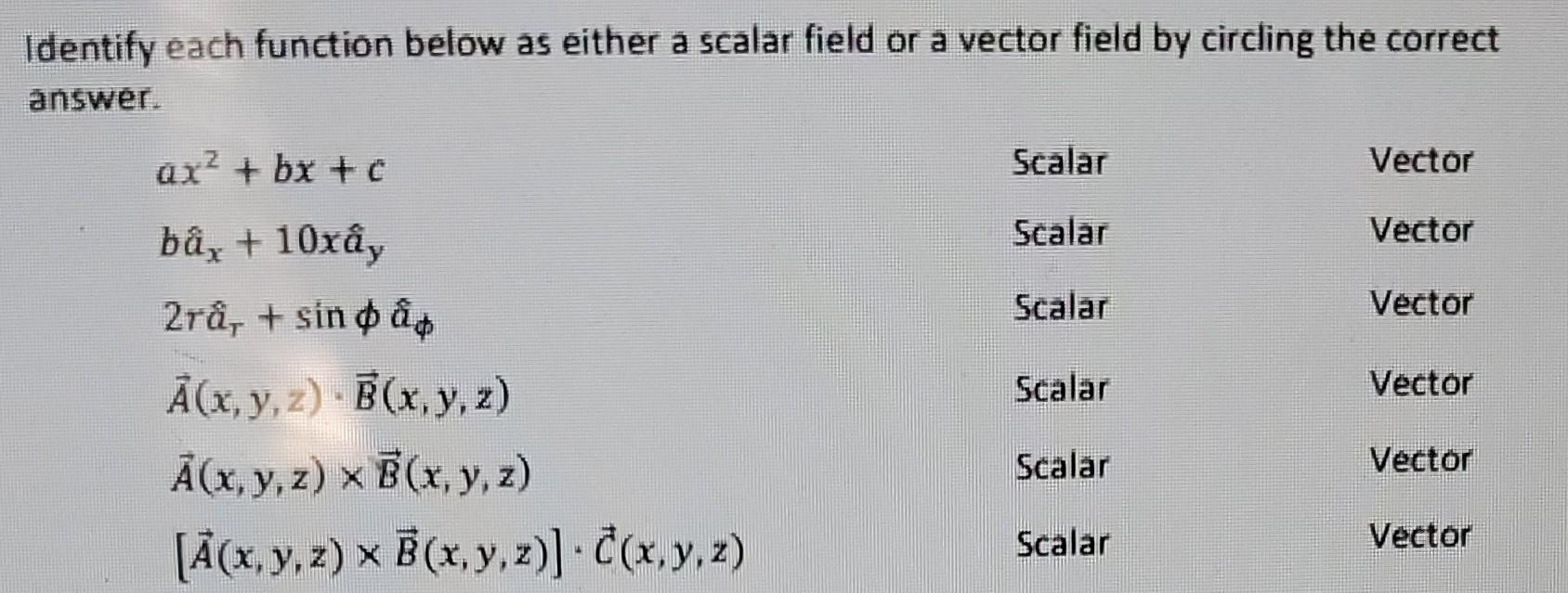 Solved Identify each function below as either a scalar field | Chegg.com
