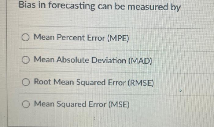 Solved Bias in forecasting can be measured by Mean Percent | Chegg.com