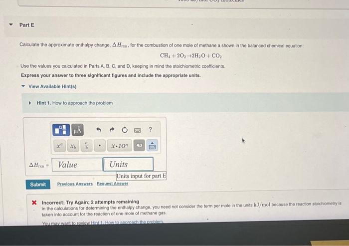 Solved CH4+2O2→2H2O+CO2 Use the values you calculated in | Chegg.com