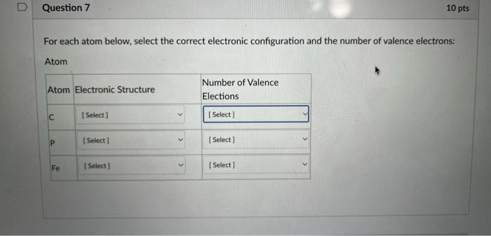 Solved For each atom below, select the correct electronic | Chegg.com