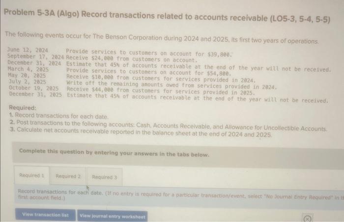 Solved Problem 5-3A (Algo) Record transactions related to | Chegg.com