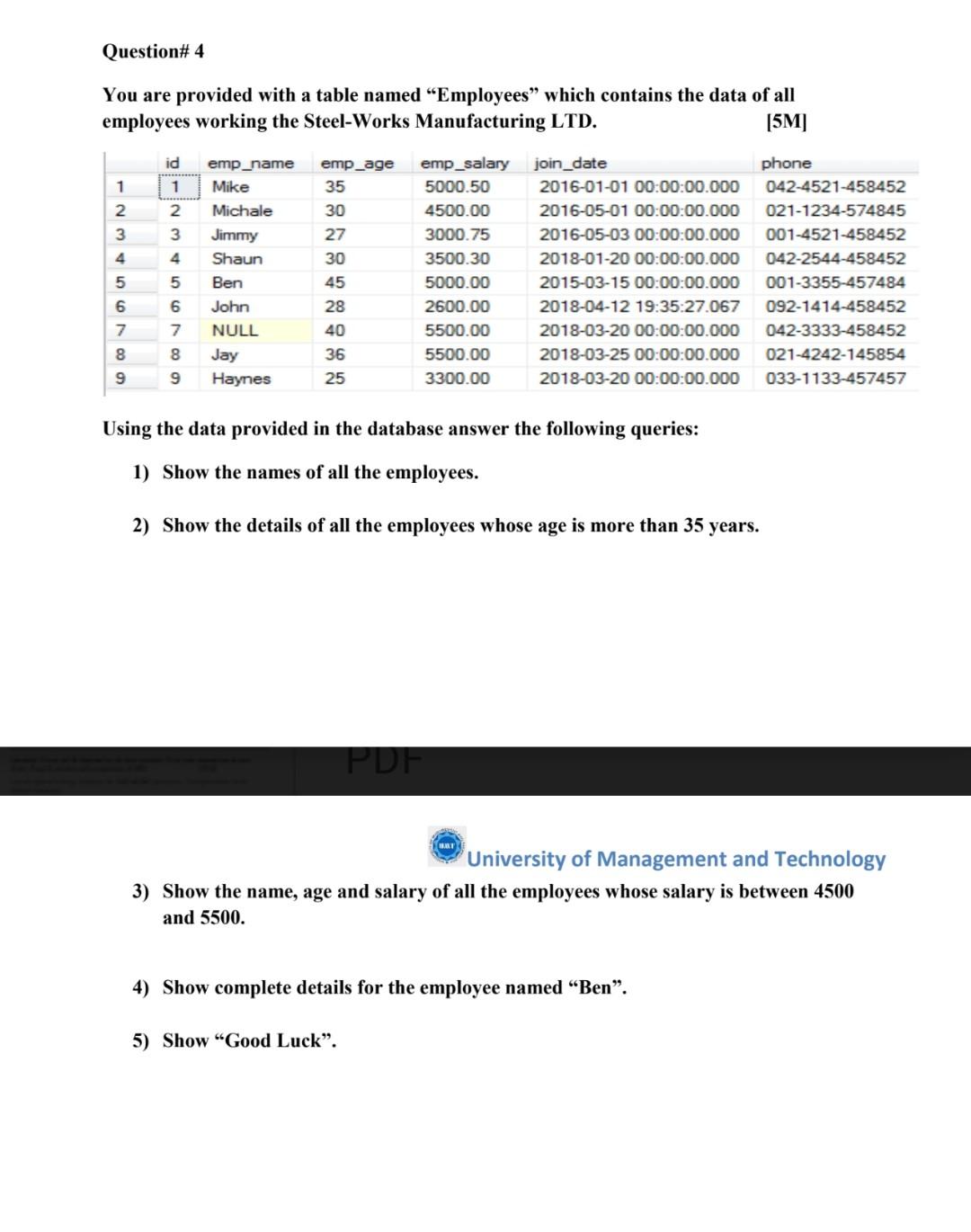 Solved Question# 4 You are provided with a table named | Chegg.com