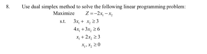 Solved 8. Use dual simplex method to solve the following | Chegg.com