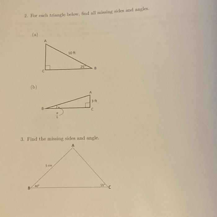 Solved 2. For each triangle below, find all missing sides | Chegg.com