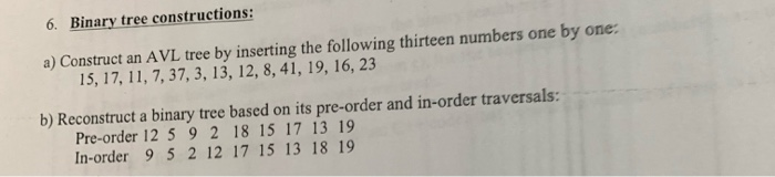 Solved 6. Binary tree constructions: a) Construct an AVL | Chegg.com