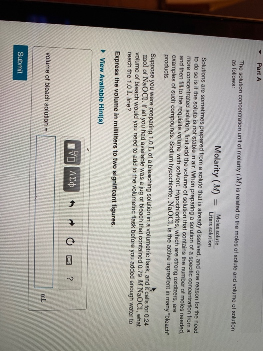 Solved Part A The solution concentration unit of molarity | Chegg.com