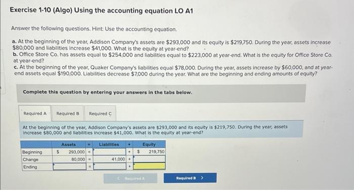 Solved Exercise 1-10 (Algo) Using the accounting equation LO | Chegg.com
