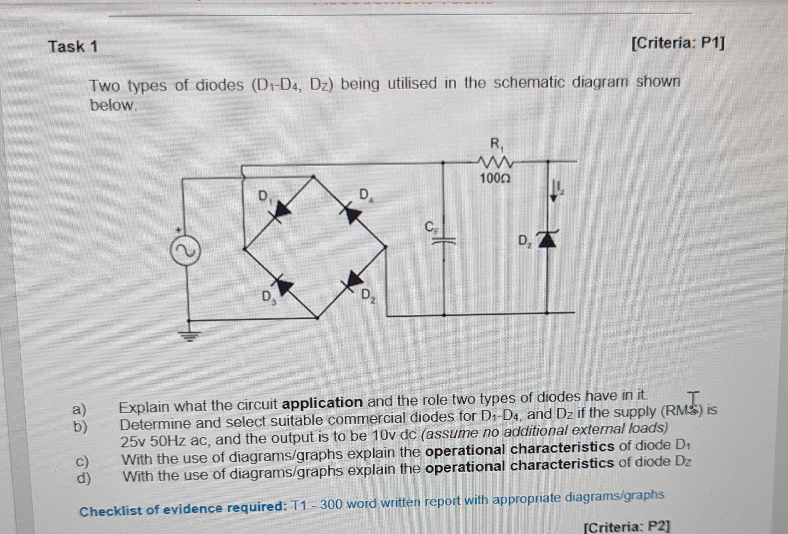 Solved Two types of diodes (D1−D4,Dz) being utilised in the | Chegg.com