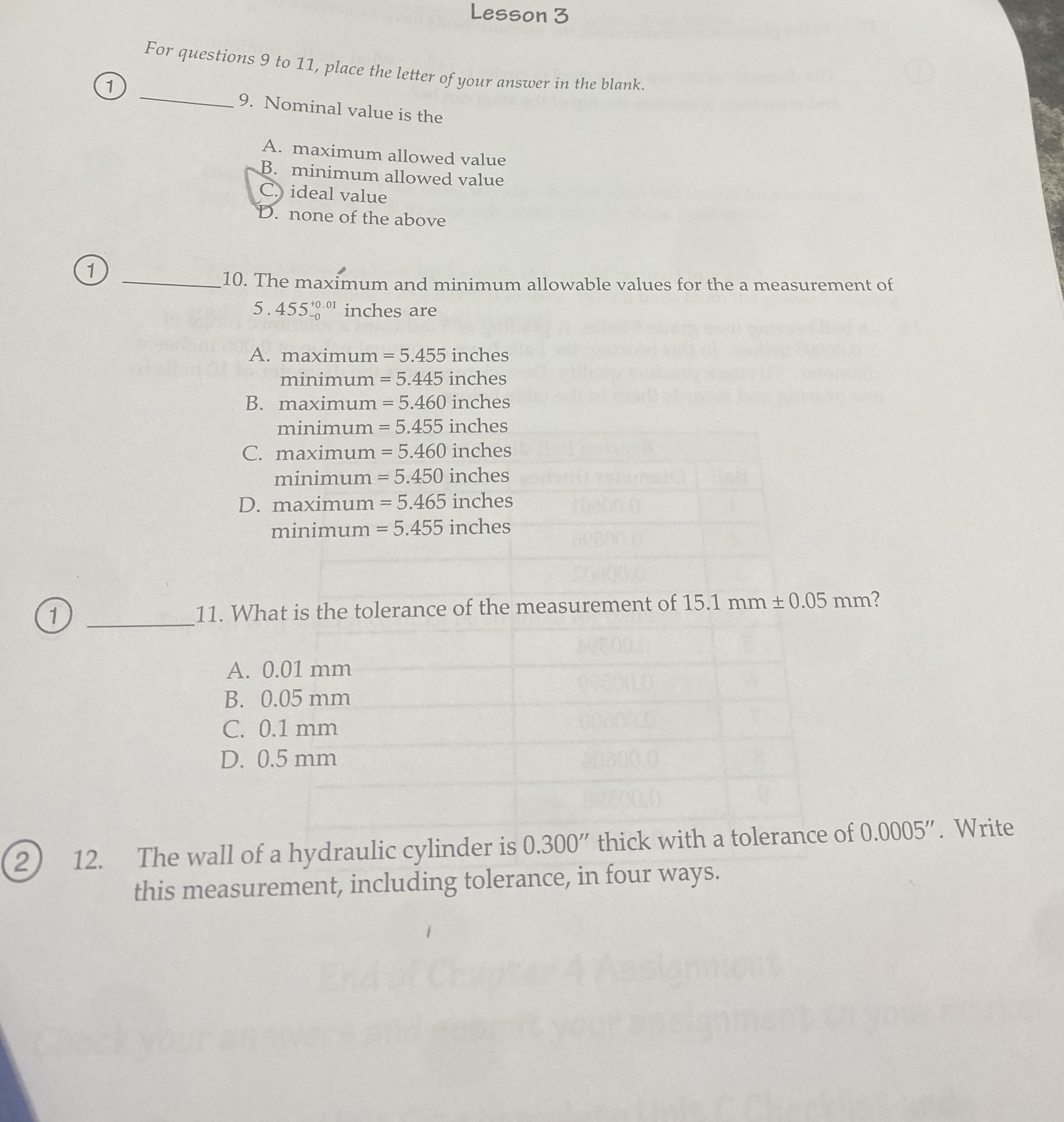 Solved Lesson 3(1)For questions 9 ﻿to 11, ﻿place the letter | Chegg.com