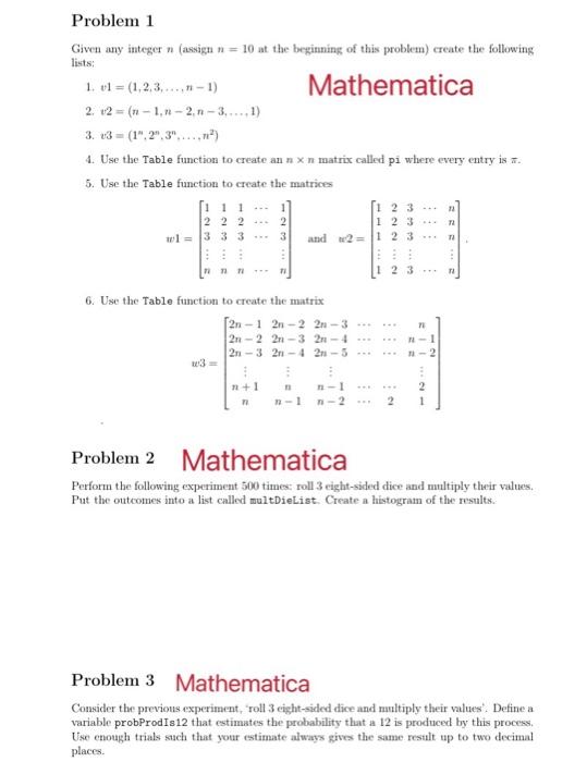 Solved Problem 2 Mathematica Perform the following | Chegg.com