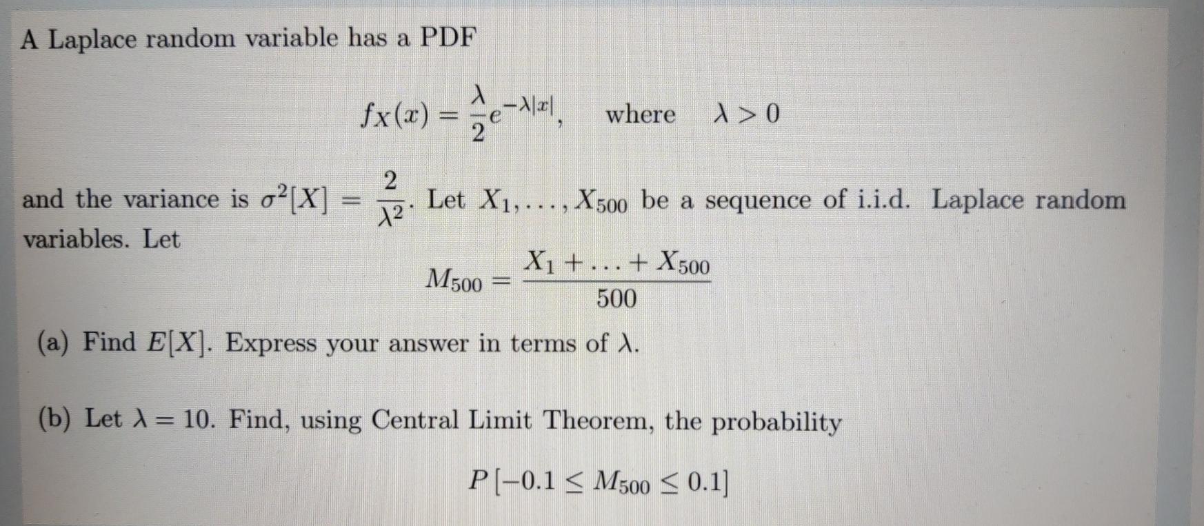Solved A Laplace random variable has a PDF fx(x) = -0141 | Chegg.com