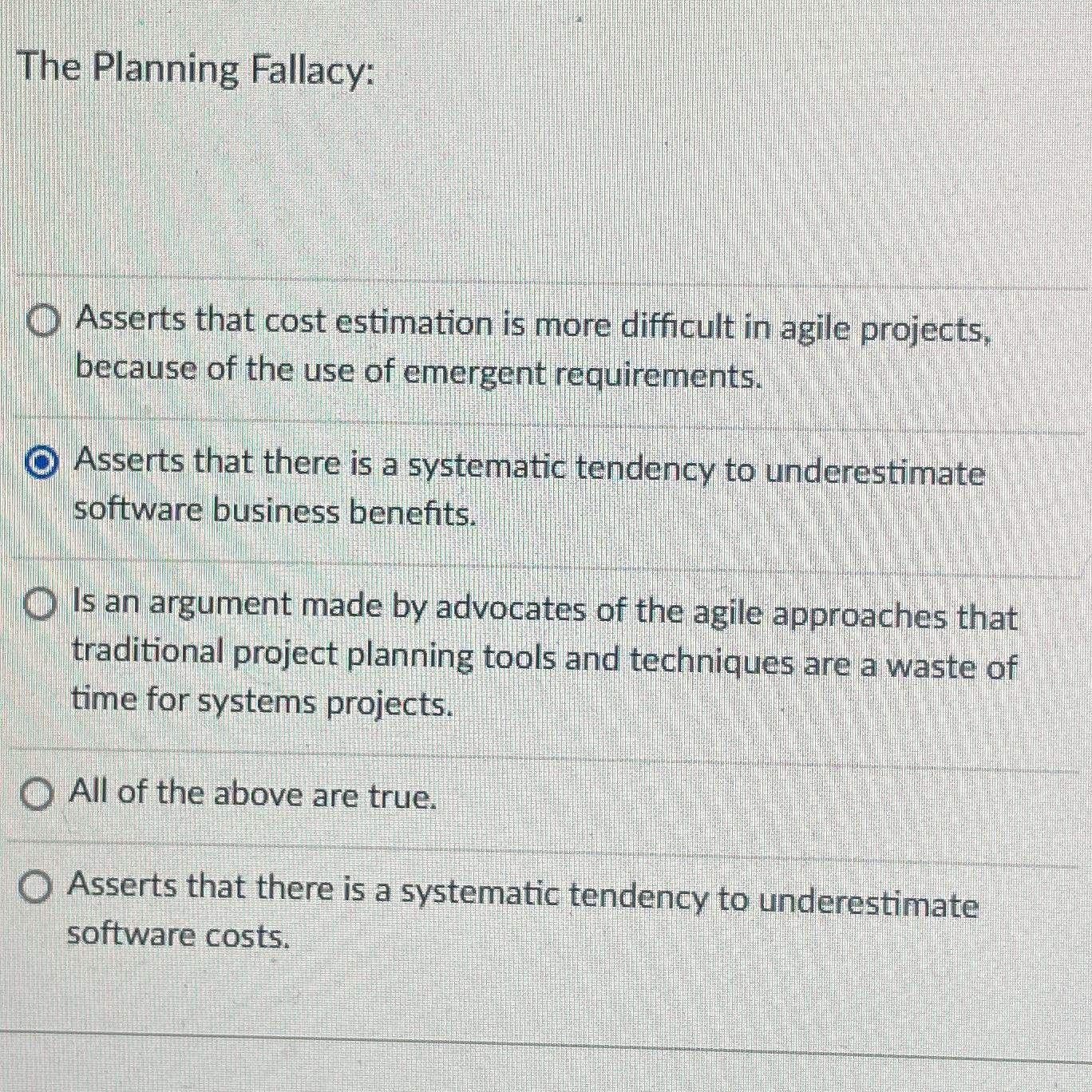 Solved The Planning Fallacy:Asserts that cost estimation is | Chegg.com