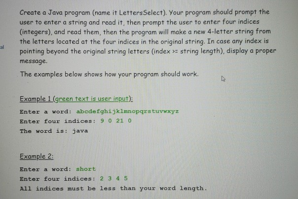 Solved al Create a Java program (name it Letters Select). | Chegg.com