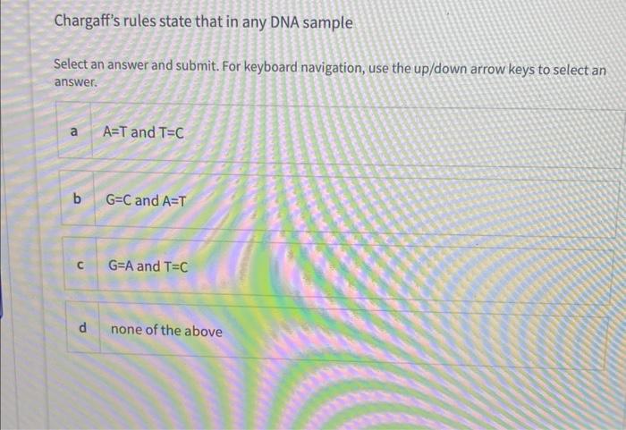 Solved Chargaff's rules state that in any DNA sample Select | Chegg.com