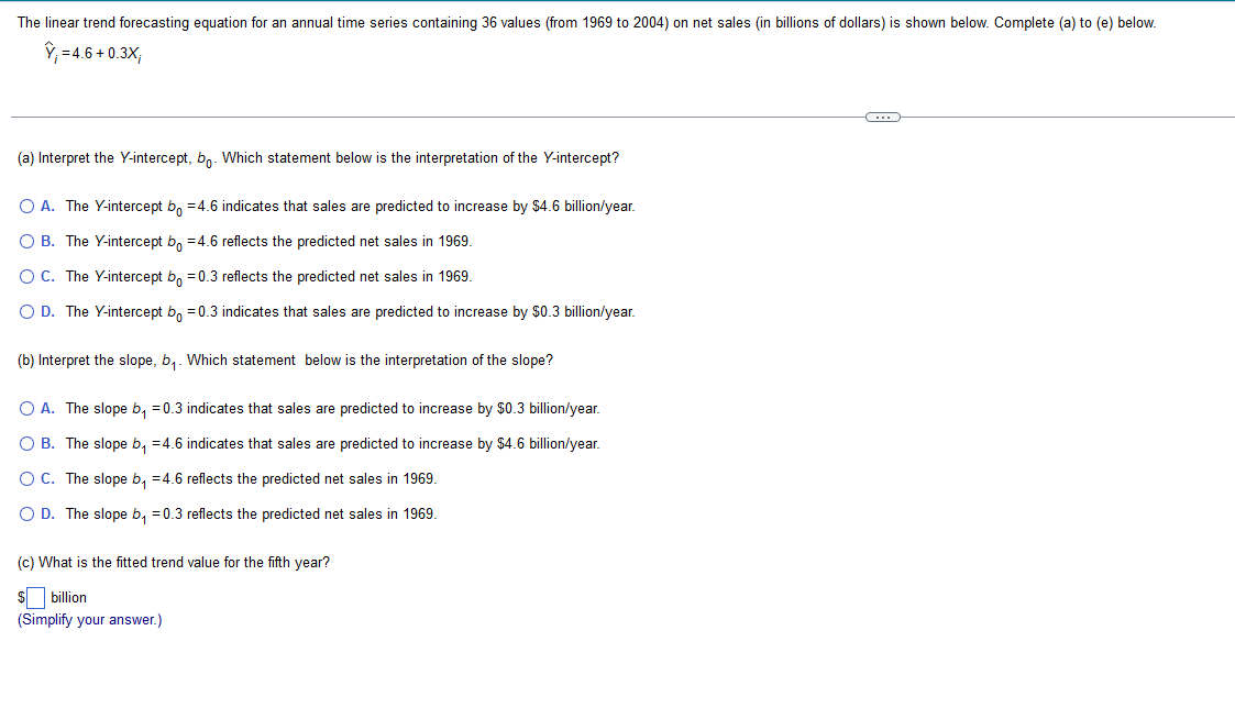 Solved The linear trend forecasting equation for an annual | Chegg.com