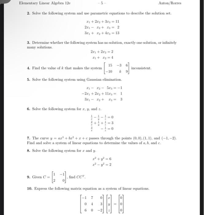 Solved 2 Solve The Following System And Use Parametric