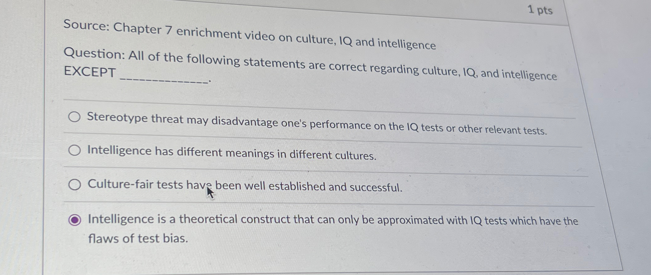 Solved 1 ﻿ptsSource: Chapter 7 ﻿enrichment video on culture, | Chegg.com