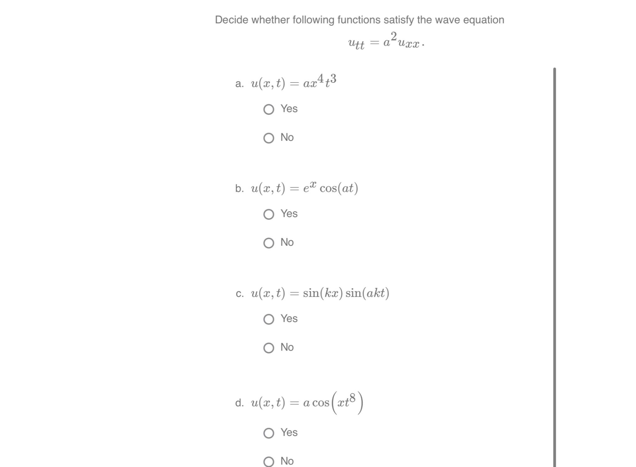 Solved Decide whether following functions satisfy the wave | Chegg.com Solved Decide whether following functions satisfy the wave | Chegg.com