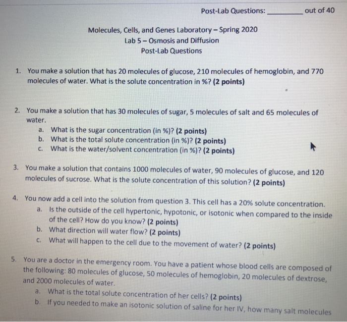 Post-Lab Questions: out of 40 Molecules, Cells, and | Chegg.com