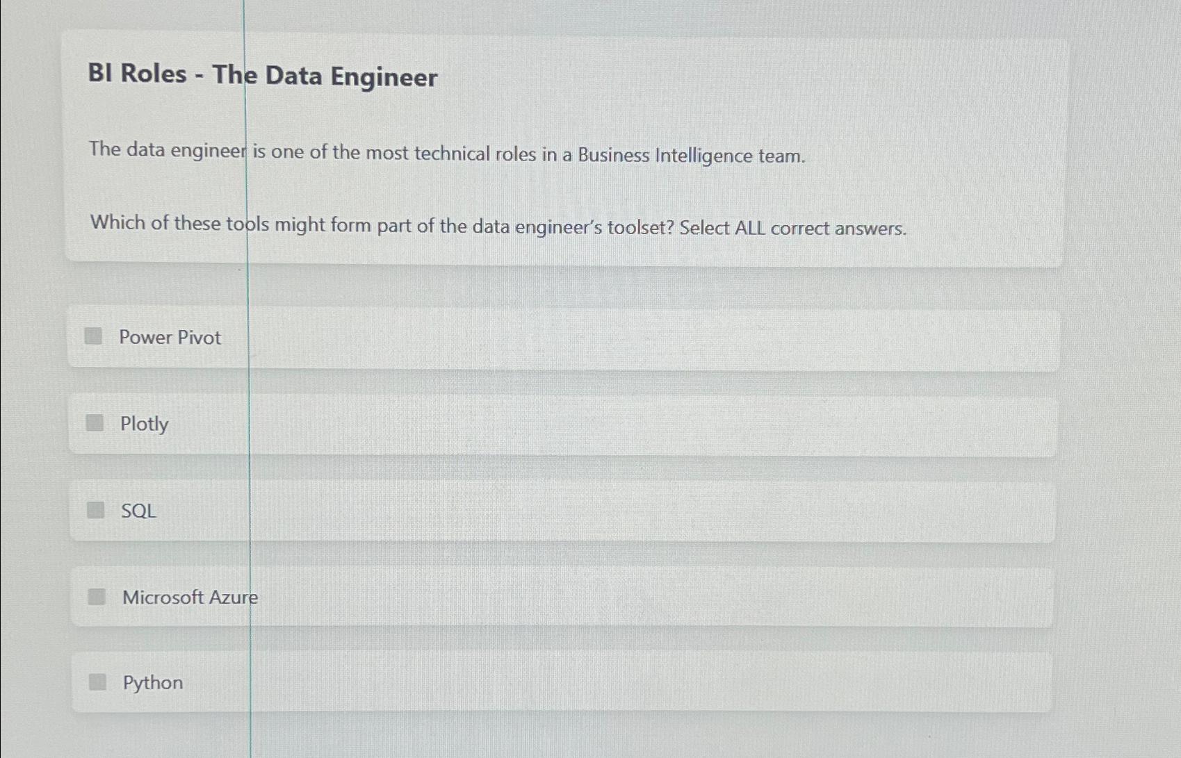Solved BI Roles - ﻿The Data EngineerThe data engineer is one | Chegg.com