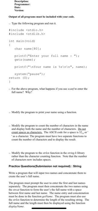 Solved Deseription: Programmerz Date: Version: Oatput of all | Chegg.com