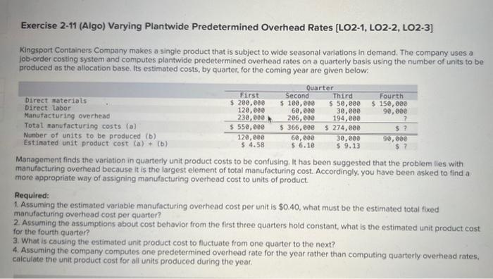 Solved Exercise 2-11 (Algo) Varying Plantwide Predetermined | Chegg.com
