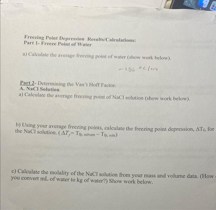 Freezing Point Depression Results/Calculations: Part | Chegg.com