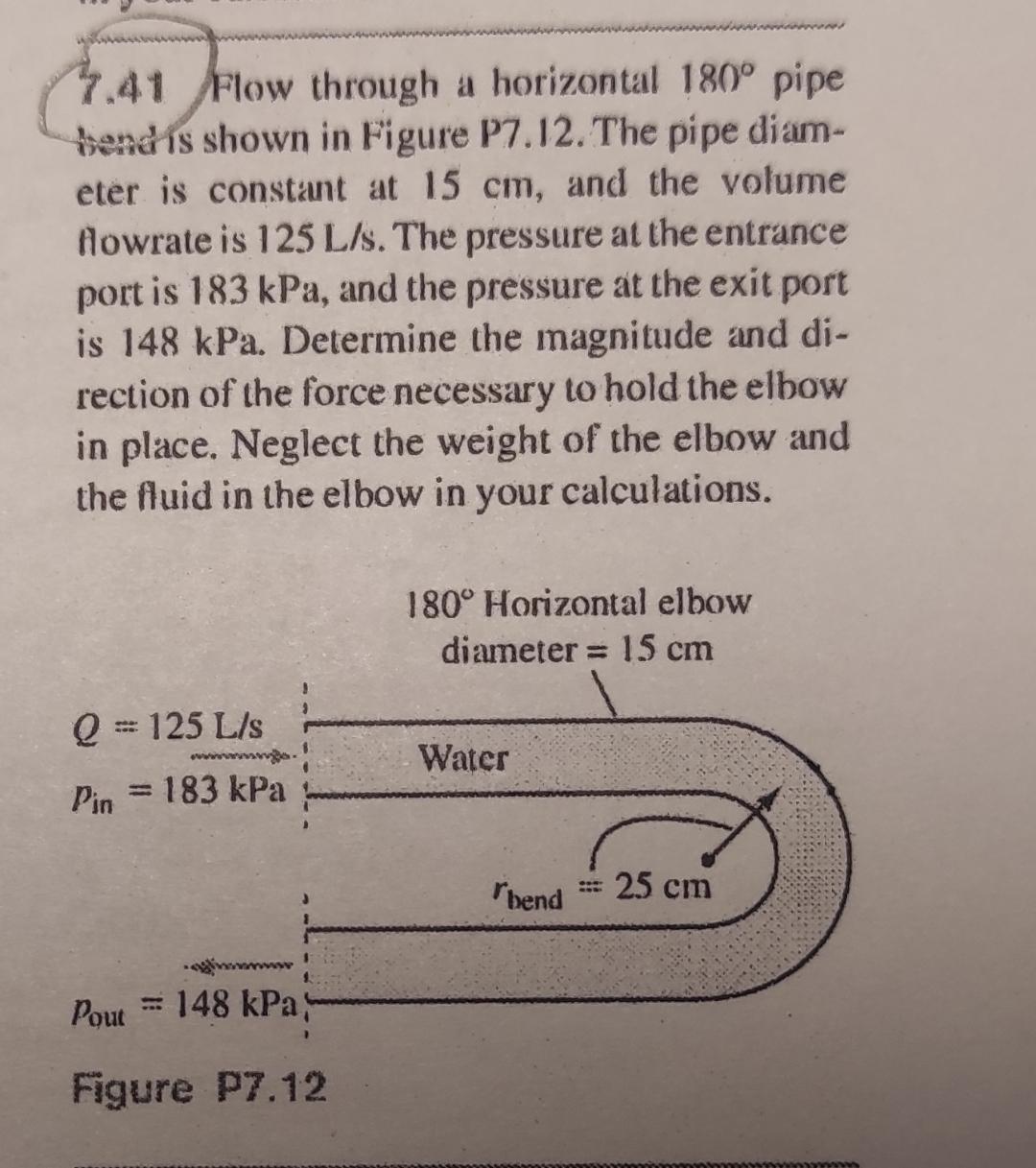 Solved 7.41 ﻿Flow through a horizontal 180° ﻿pipe nd' ﻿is | Chegg.com