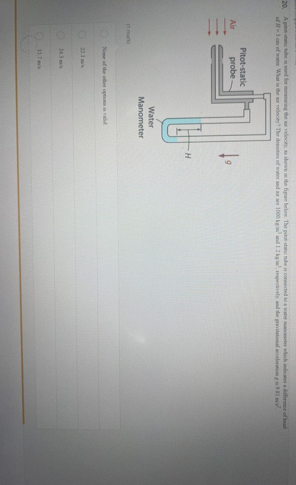 Solved 20. A pitot-static tube is used for measuring the air | Chegg.com