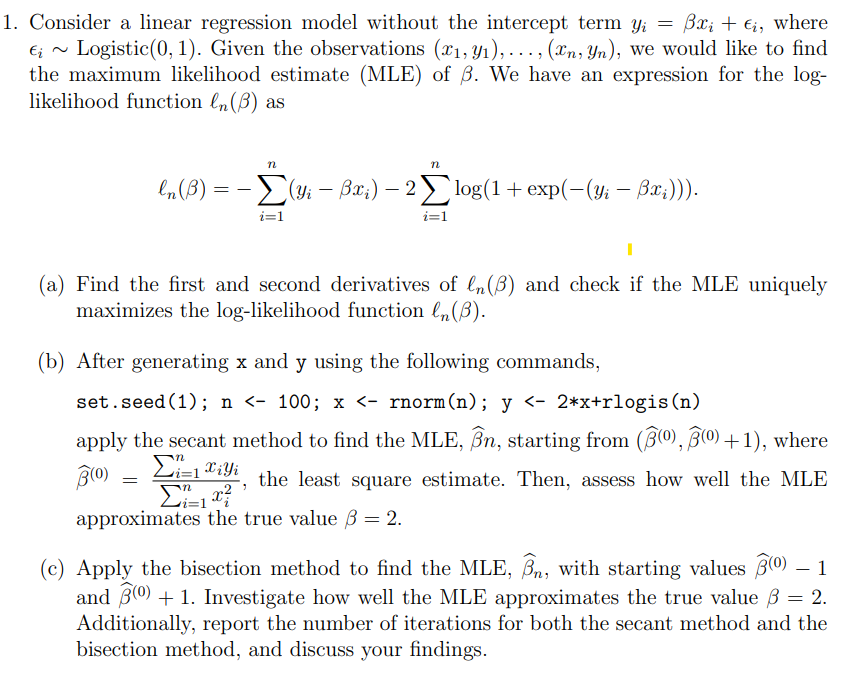 Consider a linear regression model without the | Chegg.com