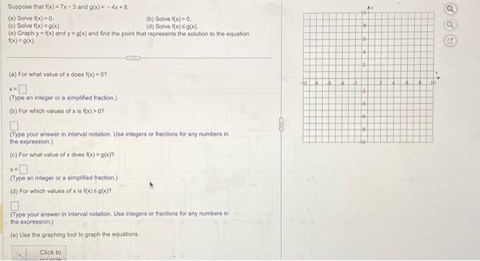Solved Suppose that f(x)=7x−3 and g(x)=−4x+8 (a) Seve f(x)=0 | Chegg.com