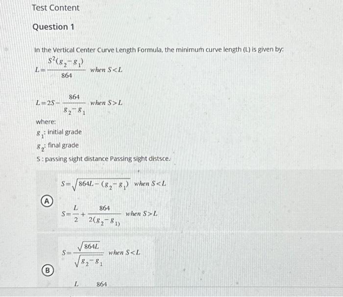 Solved Test Content Question 1 In the Vertical Center Curve | Chegg.com