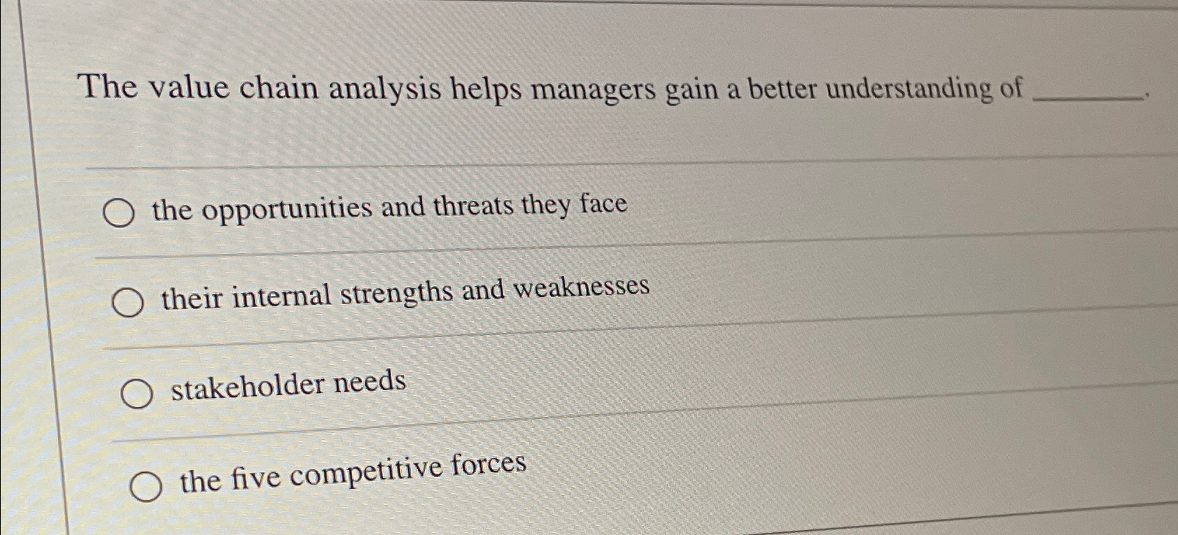 Solved The value chain analysis helps managers gain a better | Chegg.com