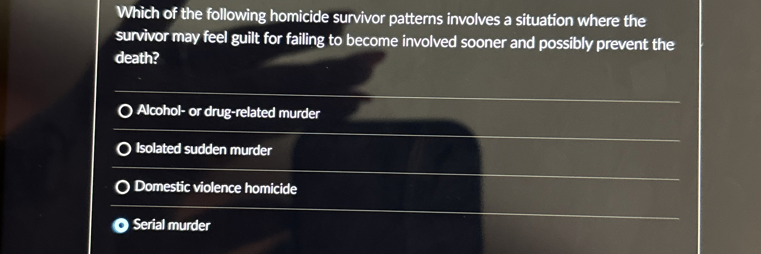 Solved Which of the following homicide survivor patterns | Chegg.com