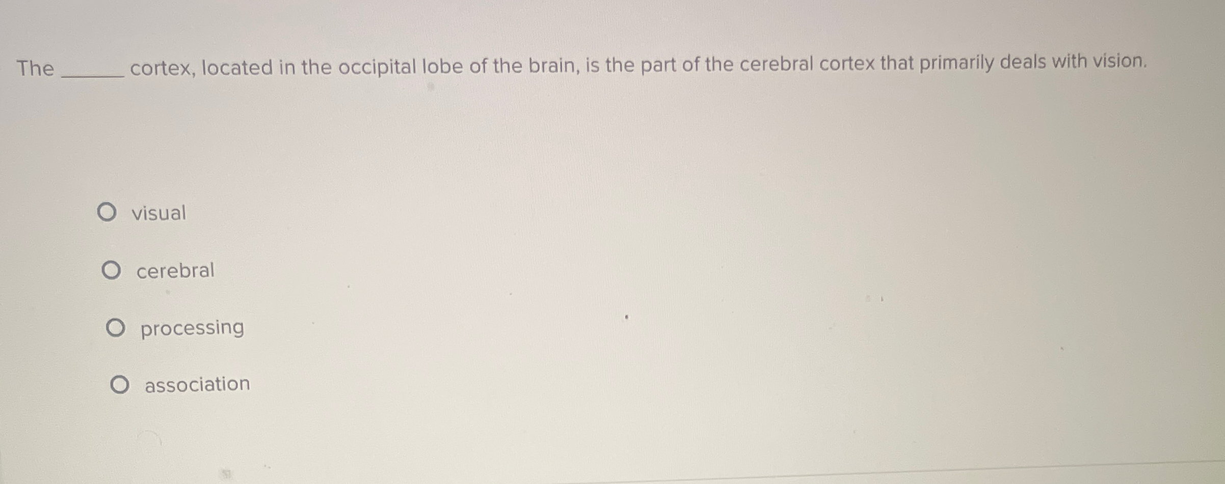 Solved The ﻿cortex, located in the occipital lobe of the | Chegg.com