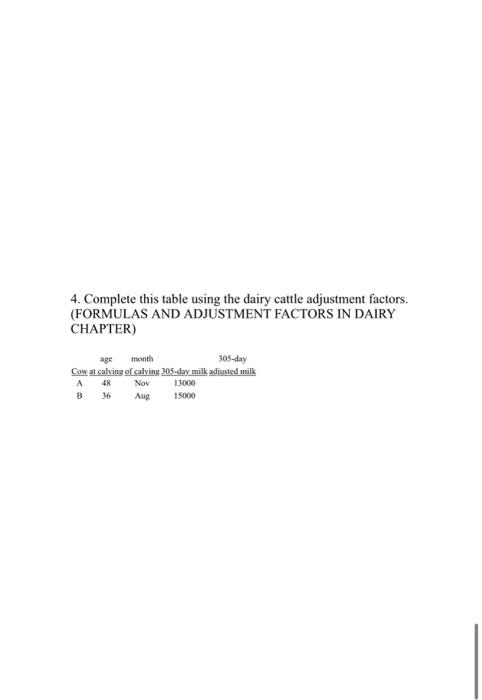 Solved 4. Complete this table using the dairy cattle | Chegg.com