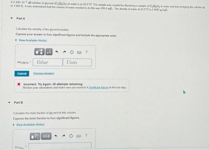 Solved A 2300×10−2M solution of glycerol (C3H3O3) in water | Chegg.com