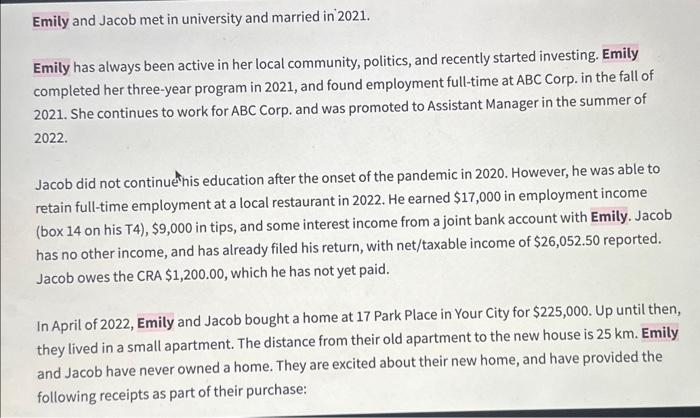 Solved Emily and Jacob met in university and married in | Chegg.com