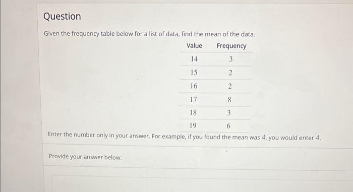 Solved Given the frequency table below for a list of data, | Chegg.com