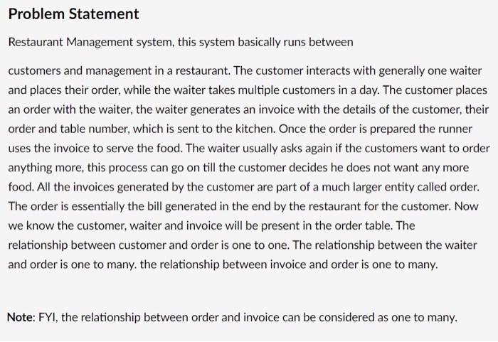 Solved Problem Statement Restaurant Management system, this | Chegg.com