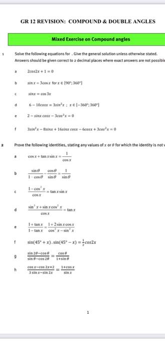 Solved GR 12 REVISION: COMPOUND & DOUBLE ANGLES Mixed | Chegg.com