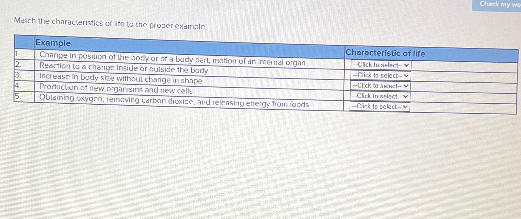 Solved Match the characteristics of life to the proper | Chegg.com