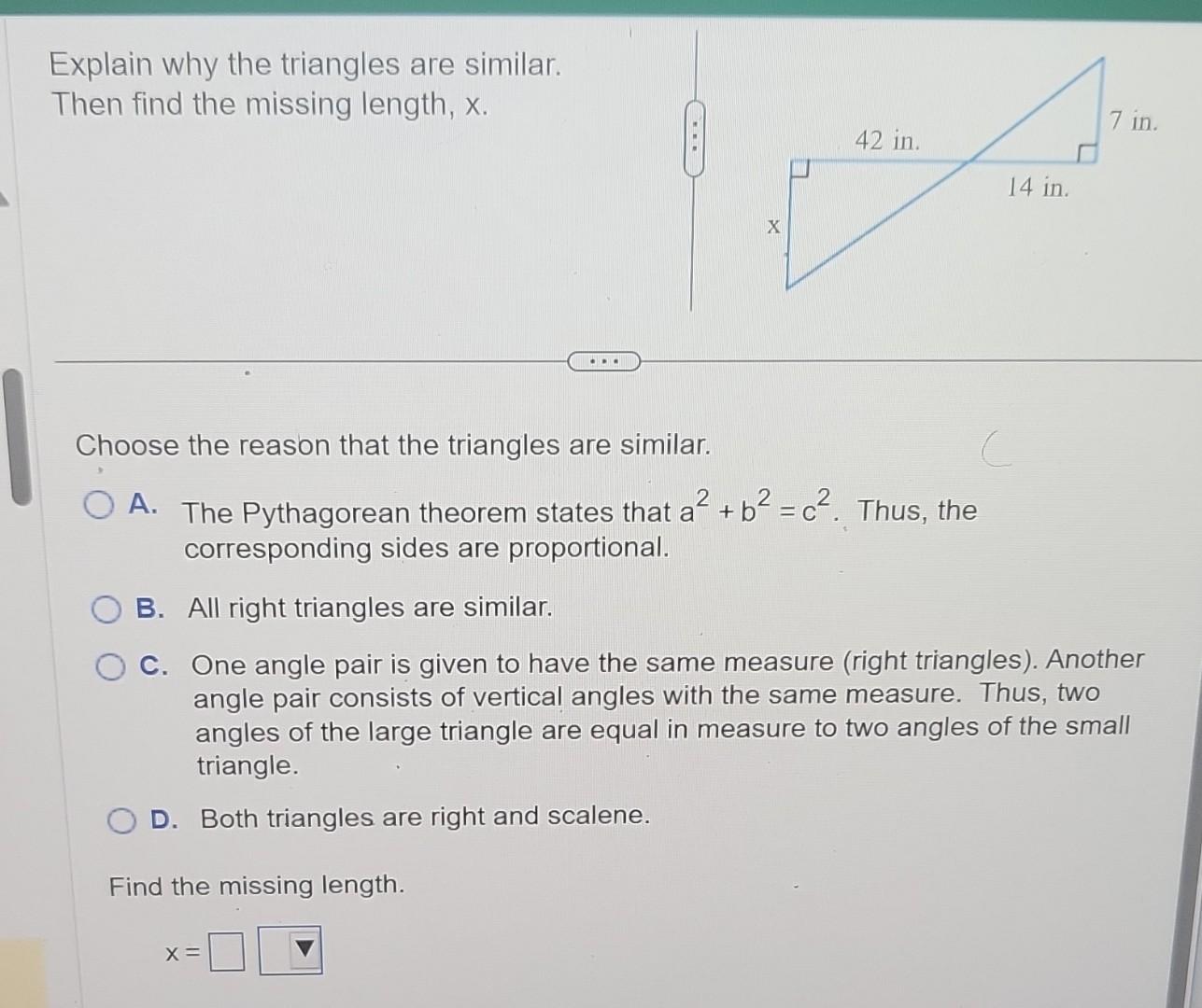 Solved Explain why the triangles are similar. Then find the | Chegg.com