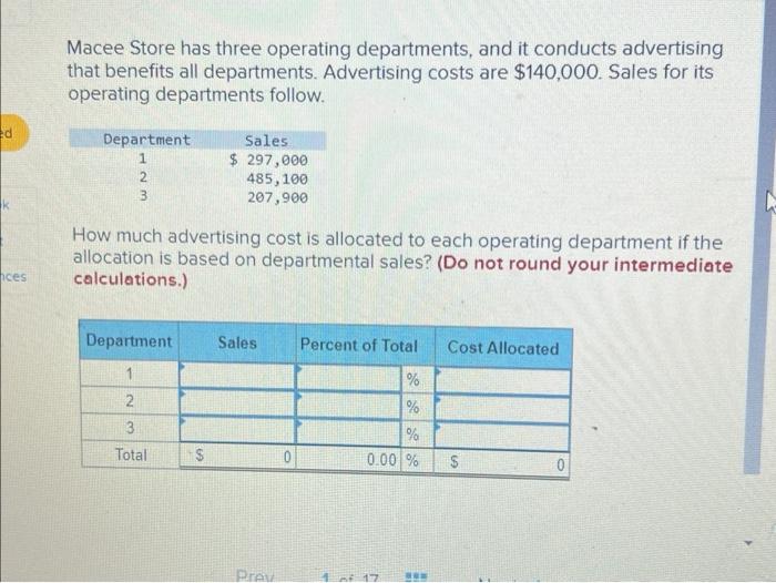 Solved Macee Store Has Three Operating Departments And It Chegg