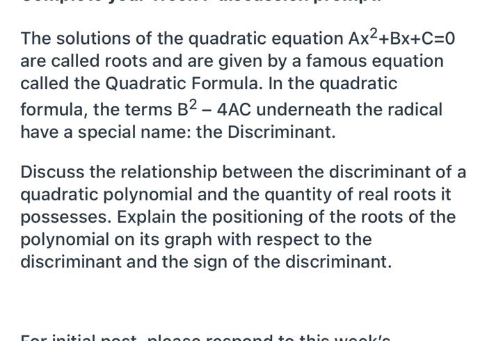 Solved The solutions of the quadratic equation Ax2+BX+C=0 | Chegg.com