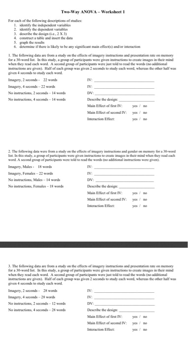 Solved Two-Way ANOVA -Worksheet 1 For each of the following | Chegg.com