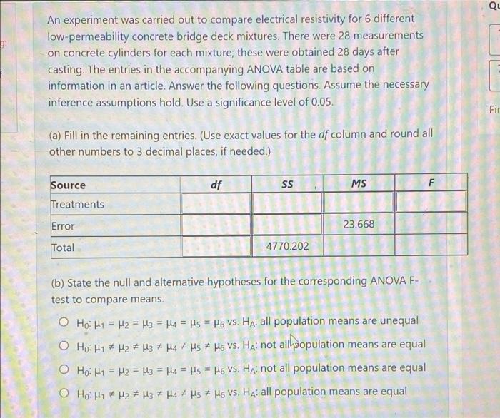 Solved QU An experiment was carried out to compare | Chegg.com