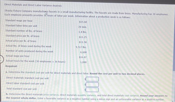 Solved Direct Materials and Direct Labor Variance Analysis | Chegg.com